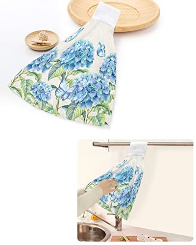 Big buy store Hanging Kitchen Towels Summer Hydrangea Flower Bathroom Hand Towels with Hanging Loop Butterfly Blue Floral Soft Absorbent Drying Dish Tie Towels for Kitchen Toilet Tabletop Home Decor