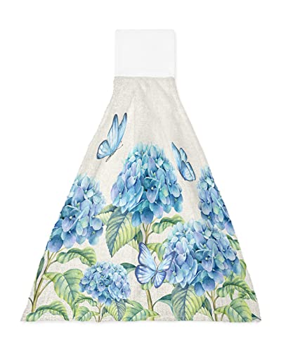 Big buy store Hanging Kitchen Towels Summer Hydrangea Flower Bathroom Hand Towels with Hanging Loop Butterfly Blue Floral Soft Absorbent Drying Dish Tie Towels for Kitchen Toilet Tabletop Home Decor
