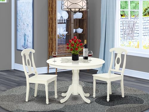East West Furniture HLKE3-LWH-W 3 Piece Kitchen Table & Chairs Set Contains a Round Dining Room Table with Pedestal and 2 Dining Chairs, 42x42 Inch, Linen White