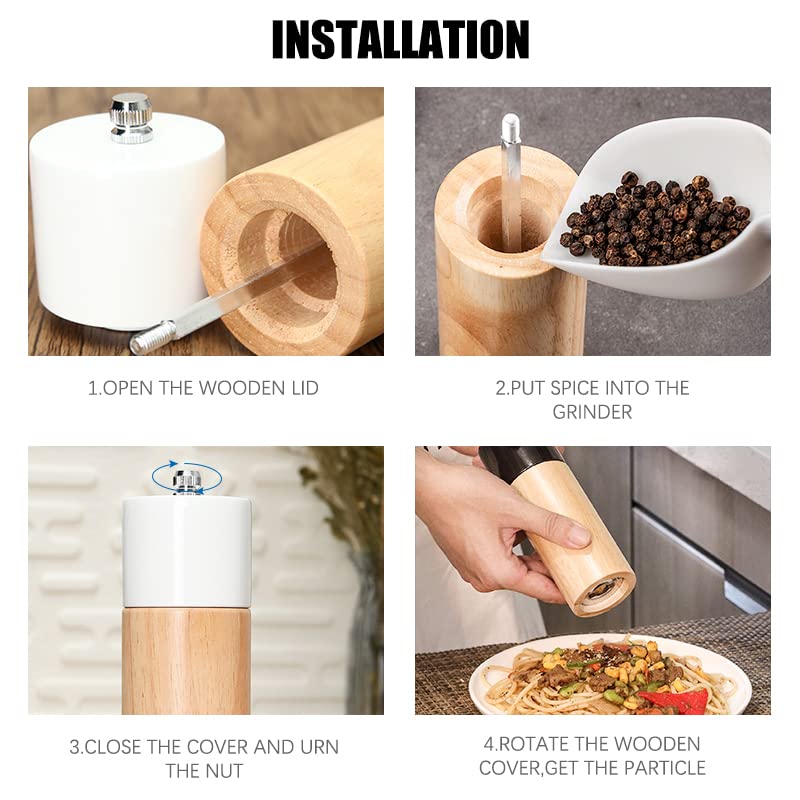 Salt and Pepper Grinder Set | Wooden Salt Grinder Shakers with Adjustable Ceramic Core | Manual Salt and Pepper Mill Refillable for Spice/Sea Salt/Chili/Peppercorn | Pack of 2 (White + Black)