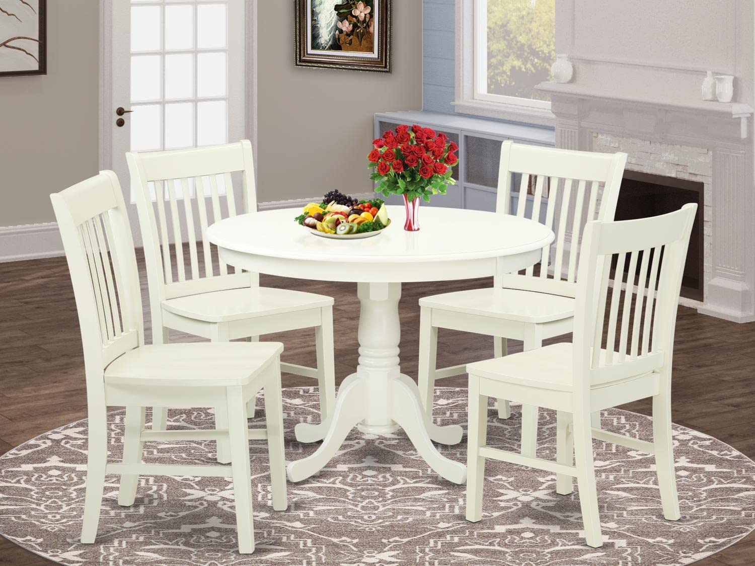 East West Furniture HLNO5-LWH-W 5 Piece Dining Table Set for 4 Includes a Round Kitchen Table with Pedestal and 4 Dinette Chairs, 42x42 Inch, Linen White