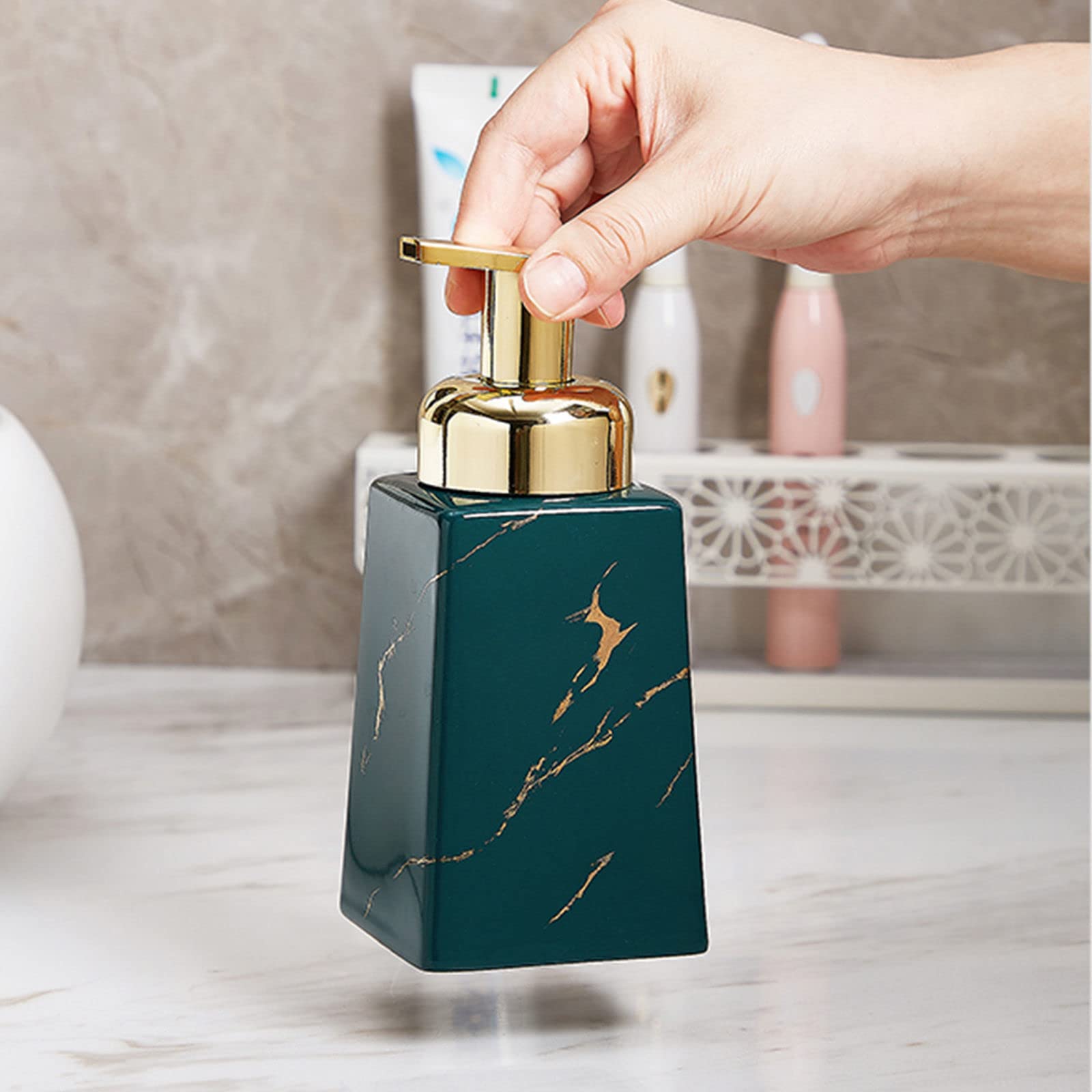 Soap Dispenser,/Marble Ceramic Foaming Soap Dispenser, Foam Soap Dispenser with Gold Pump, Hand Foaming Dispenser, for Barthroom Kitchen-pink-400ml/short (Color : Pink)