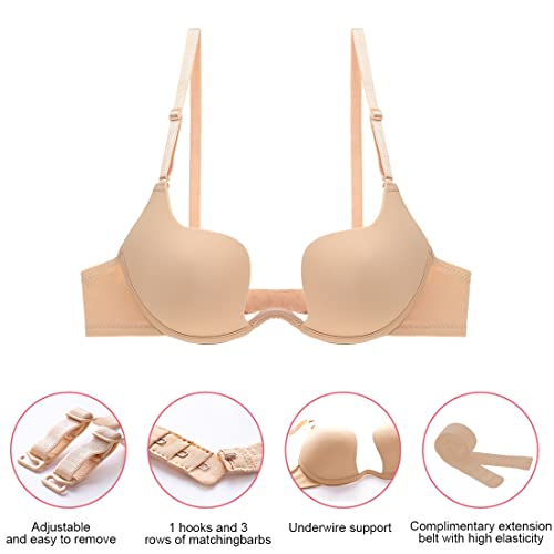Ruzishun Women's Deep U Multi-Way Push Up Convertible Low Cut Plunge Bra Everyday Bras(Nude,40C)