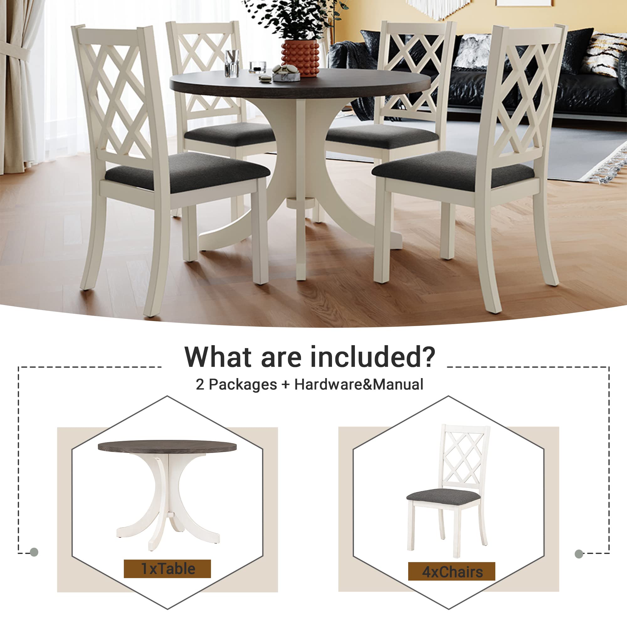 VilroCaz Modern Dining Table Set for 4, Mid-Century Solid Wood 5-Piece Round Set, 42'' with 4 Upholstered Chairs, Anti-Slip Pad and Splayed Feet Small Places (Brown-White)
