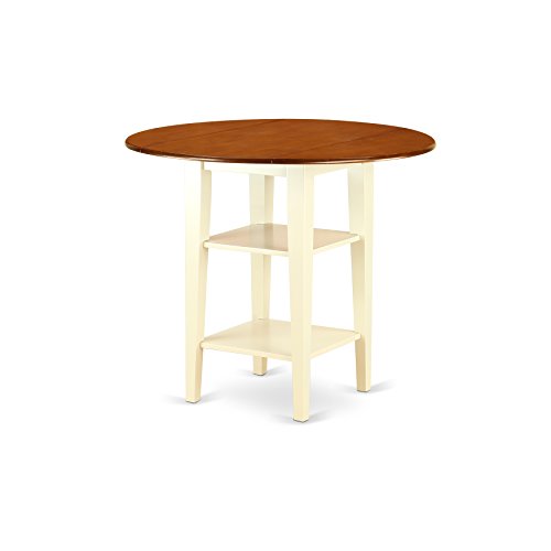 East West Furniture SUGR5H-BMK-W 5 Piece Counter Height Dining Table Set Includes a Round Kitchen Table with Dropleaf & Shelves and 4 Dining Room Chairs, 42x42 Inch, Buttermilk & Cherry