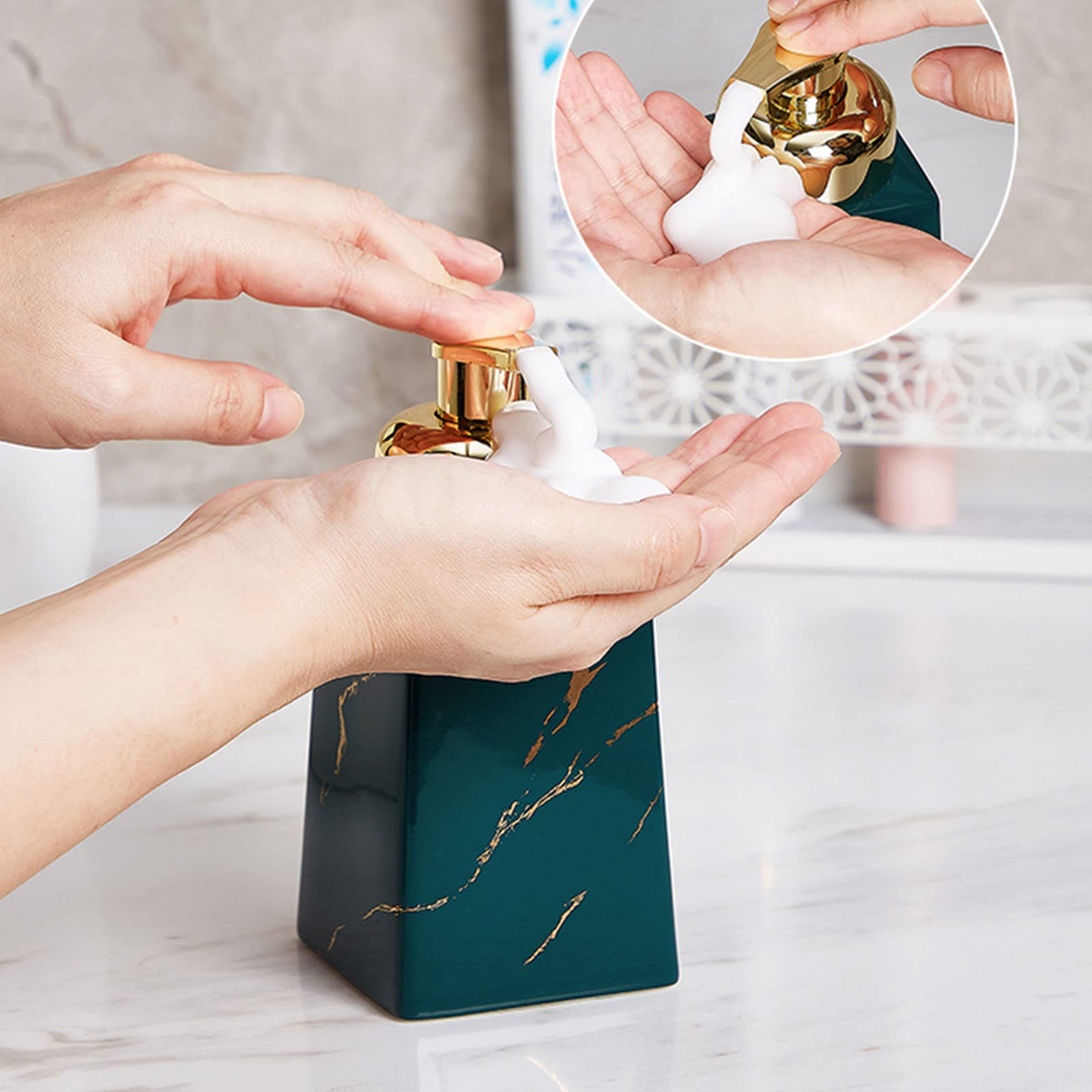 Soap Dispenser,/Marble Ceramic Foaming Soap Dispenser, Foam Soap Dispenser with Gold Pump, Hand Foaming Dispenser, for Barthroom Kitchen-pink-400ml/short (Color : Pink)