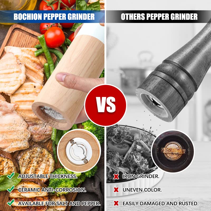 Salt and Pepper Grinder Set | Wooden Salt Grinder Shakers with Adjustable Ceramic Core | Manual Salt and Pepper Mill Refillable for Spice/Sea Salt/Chili/Peppercorn | Pack of 2 (White + Black)