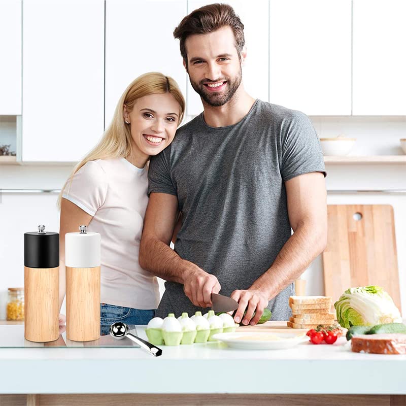 Salt and Pepper Grinder Set | Wooden Salt Grinder Shakers with Adjustable Ceramic Core | Manual Salt and Pepper Mill Refillable for Spice/Sea Salt/Chili/Peppercorn | Pack of 2 (White + Black)