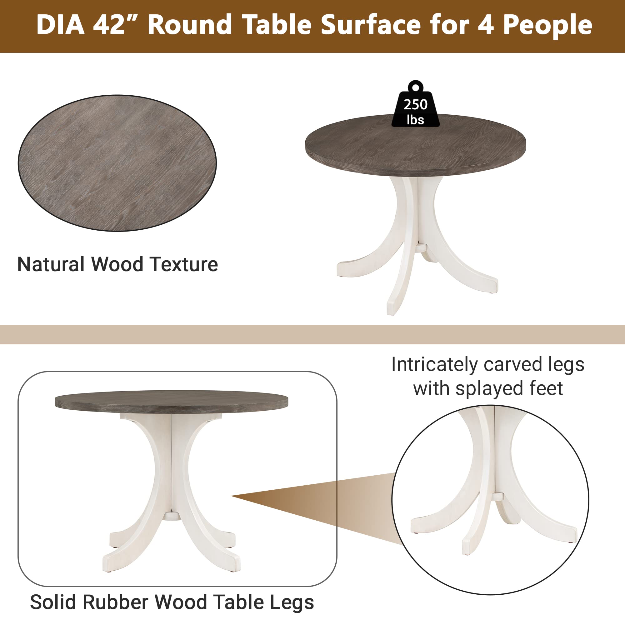 VilroCaz Modern Dining Table Set for 4, Mid-Century Solid Wood 5-Piece Round Set, 42'' with 4 Upholstered Chairs, Anti-Slip Pad and Splayed Feet Small Places (Brown-White)