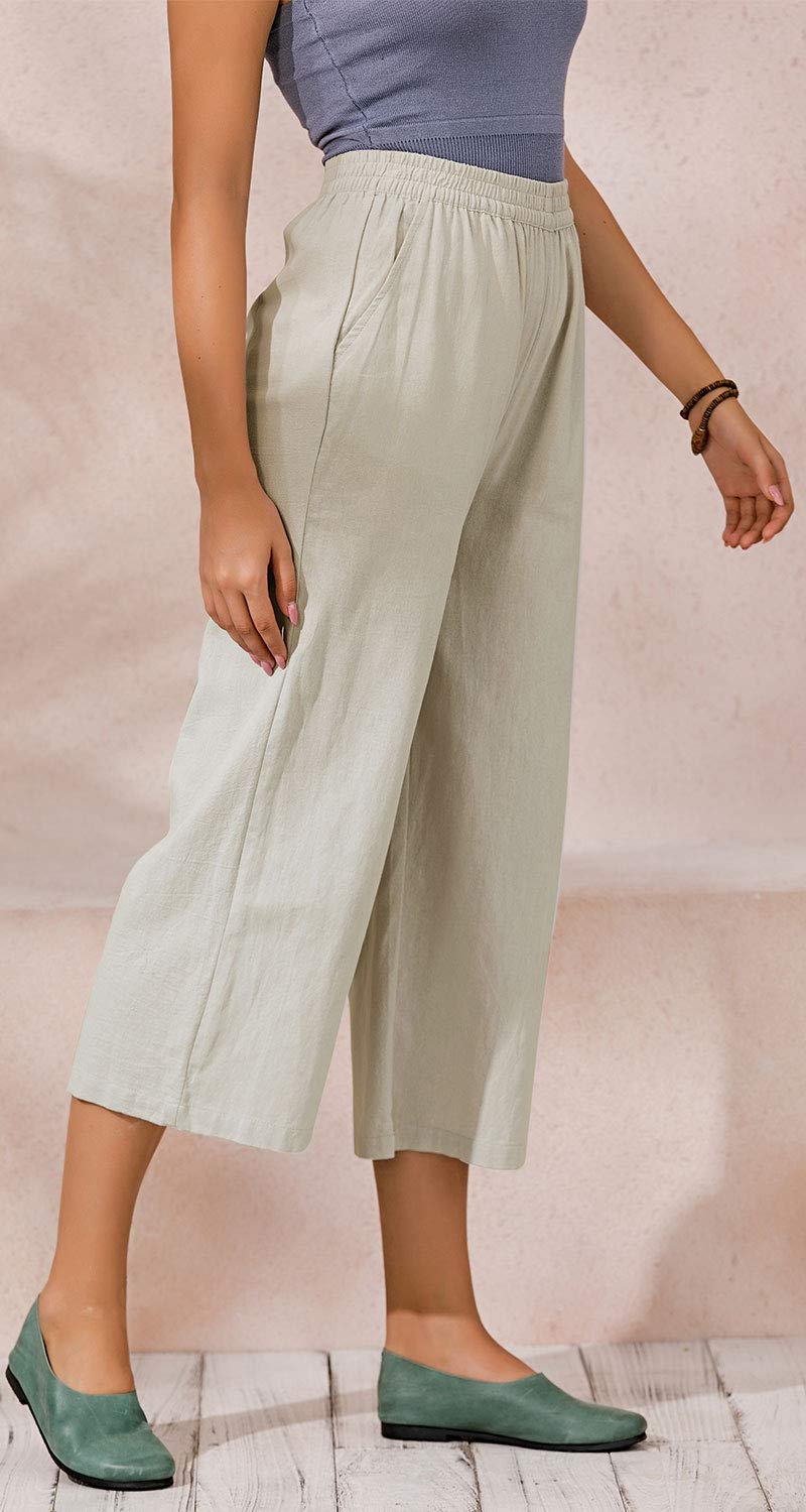 ECUPPER Womens Casual Loose Elastic Waist Cotton Trouser Cropped Wide Leg Pants Natural 18