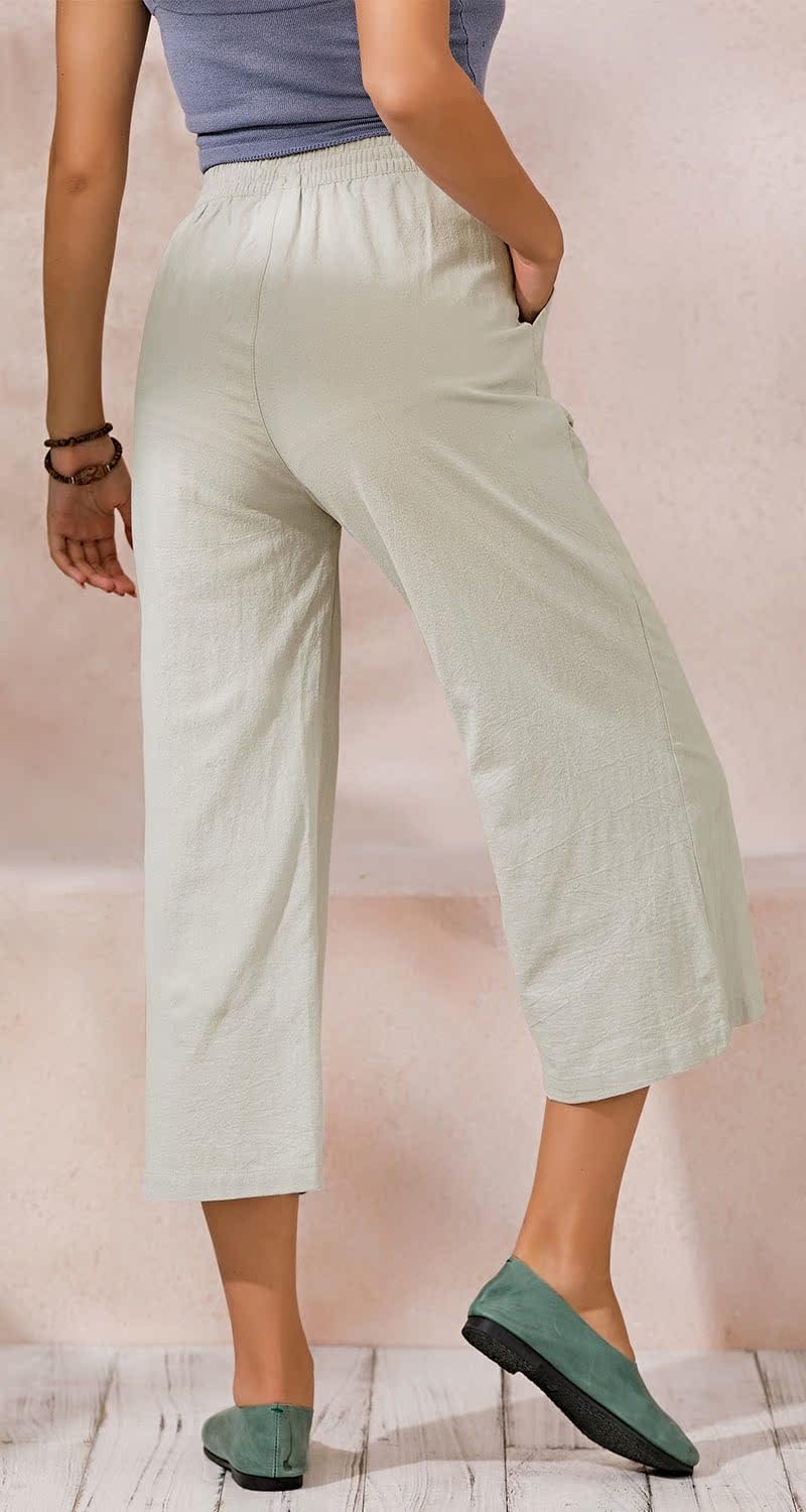 ECUPPER Womens Casual Loose Elastic Waist Cotton Trouser Cropped Wide Leg Pants Natural 18