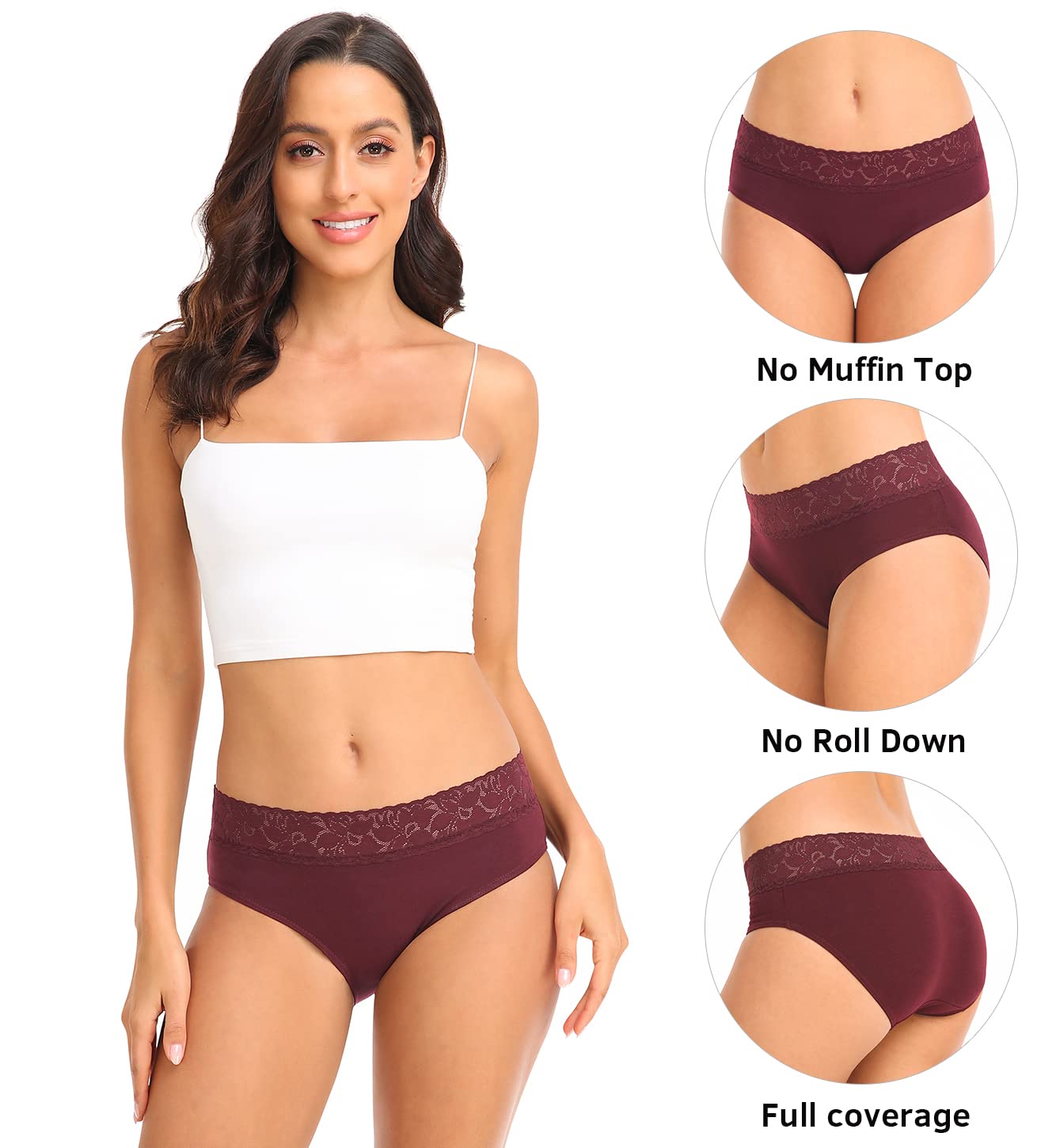 RHYFF Womens Underwear Cotton Lace Panties Soft Bikini Panty Comfortable Hipster Stretch Full Ladies Briefs 5 Pack S-XL(R3020-Dark-L)