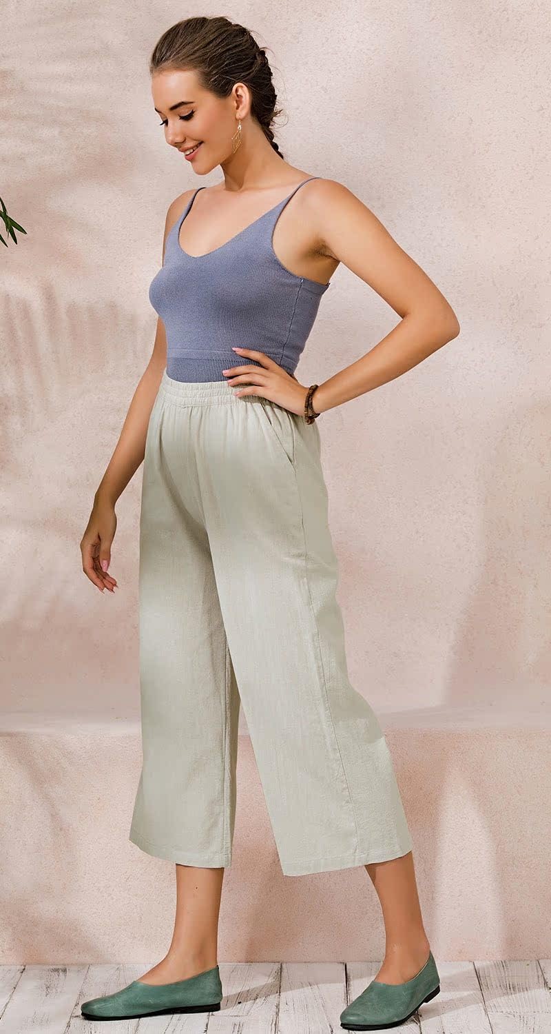 ECUPPER Womens Casual Loose Elastic Waist Cotton Trouser Cropped Wide Leg Pants Natural 18