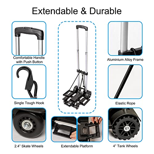 Folding Luggage Cart Portable Dolly Collapsible Hand Truck Lightweight Hand Cart Compact Utility Cart with Heavy Duty 4 Wheels Solid Construction Adjustable Handle for Moving, Travel and Shopping Use