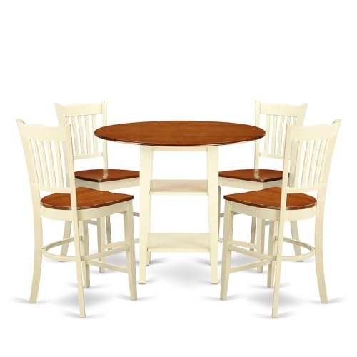 East West Furniture SUGR5H-BMK-W 5 Piece Counter Height Dining Table Set Includes a Round Kitchen Table with Dropleaf & Shelves and 4 Dining Room Chairs, 42x42 Inch, Buttermilk & Cherry