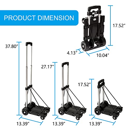 Folding Luggage Cart Portable Dolly Collapsible Hand Truck Lightweight Hand Cart Compact Utility Cart with Heavy Duty 4 Wheels Solid Construction Adjustable Handle for Moving, Travel and Shopping Use