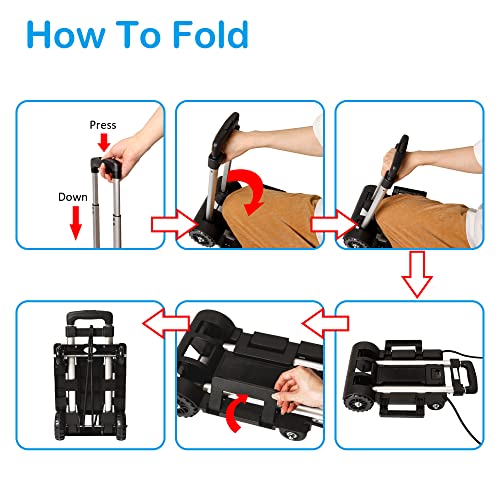Folding Luggage Cart Portable Dolly Collapsible Hand Truck Lightweight Hand Cart Compact Utility Cart with Heavy Duty 4 Wheels Solid Construction Adjustable Handle for Moving, Travel and Shopping Use