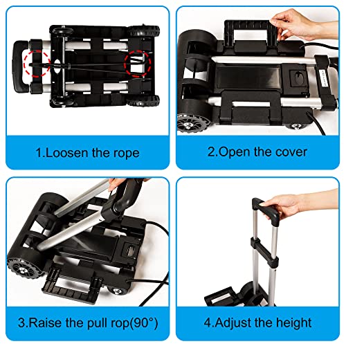 Folding Luggage Cart Portable Dolly Collapsible Hand Truck Lightweight Hand Cart Compact Utility Cart with Heavy Duty 4 Wheels Solid Construction Adjustable Handle for Moving, Travel and Shopping Use