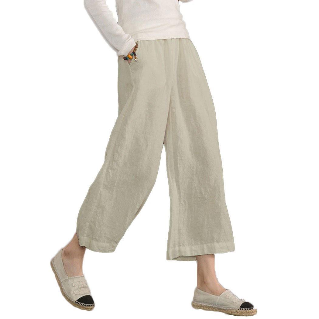 ECUPPER Womens Casual Loose Elastic Waist Cotton Trouser Cropped Wide Leg Pants Natural 18