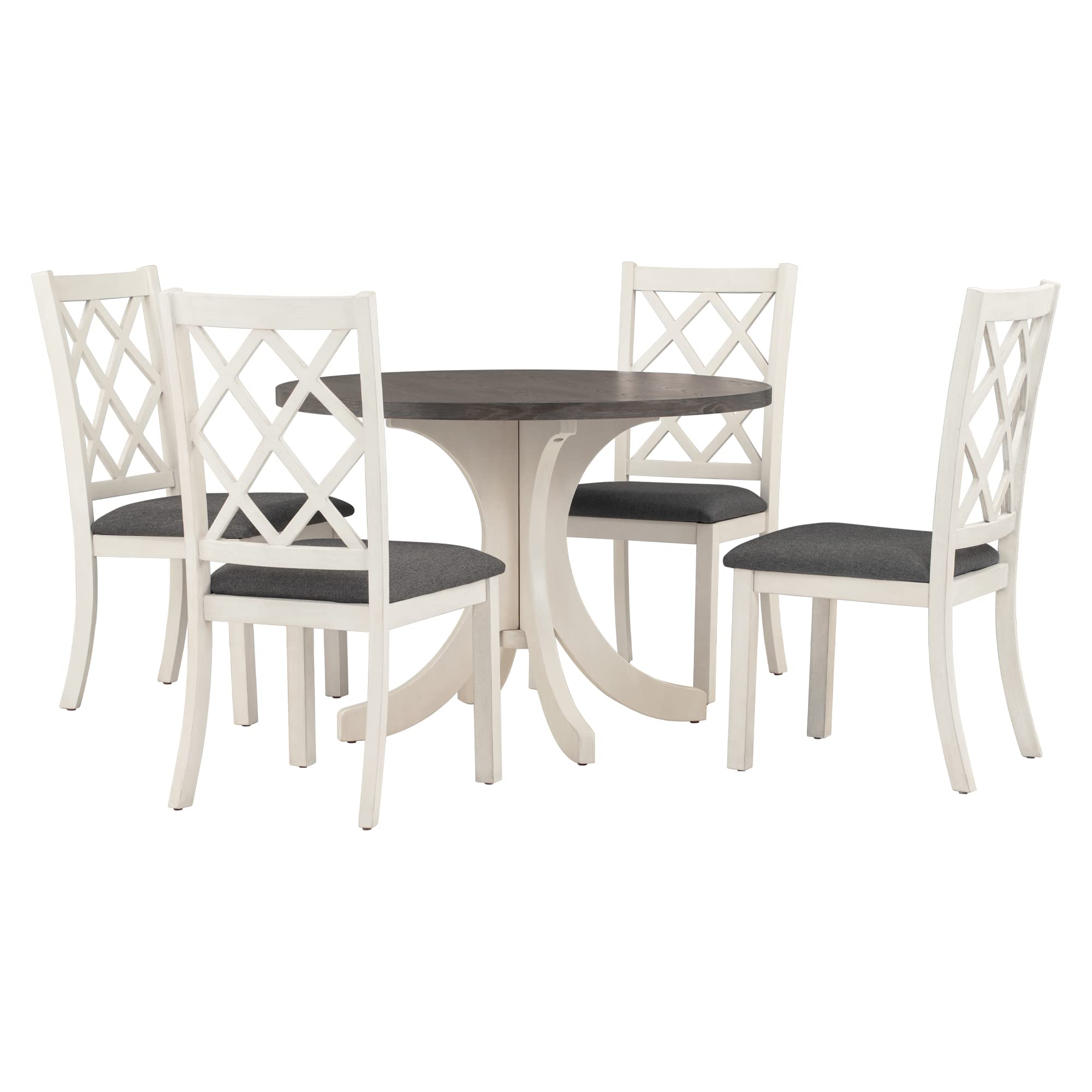VilroCaz Modern Dining Table Set for 4, Mid-Century Solid Wood 5-Piece Round Set, 42'' with 4 Upholstered Chairs, Anti-Slip Pad and Splayed Feet Small Places (Brown-White)