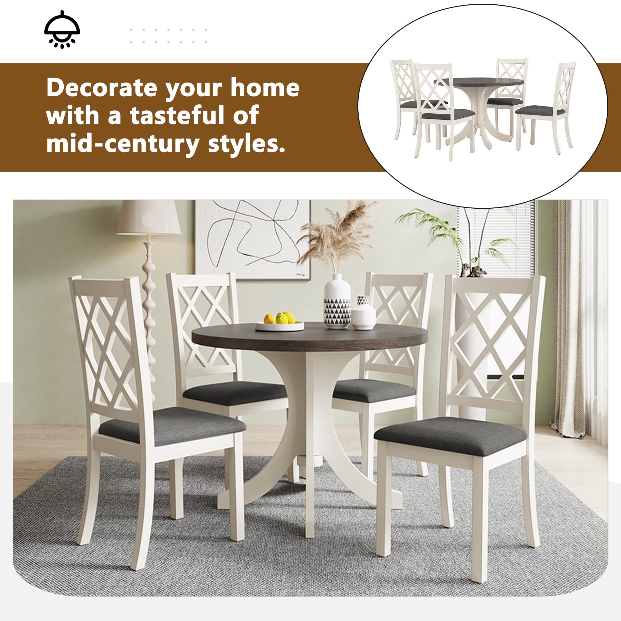 VilroCaz Modern Dining Table Set for 4, Mid-Century Solid Wood 5-Piece Round Set, 42'' with 4 Upholstered Chairs, Anti-Slip Pad and Splayed Feet Small Places (Brown-White)