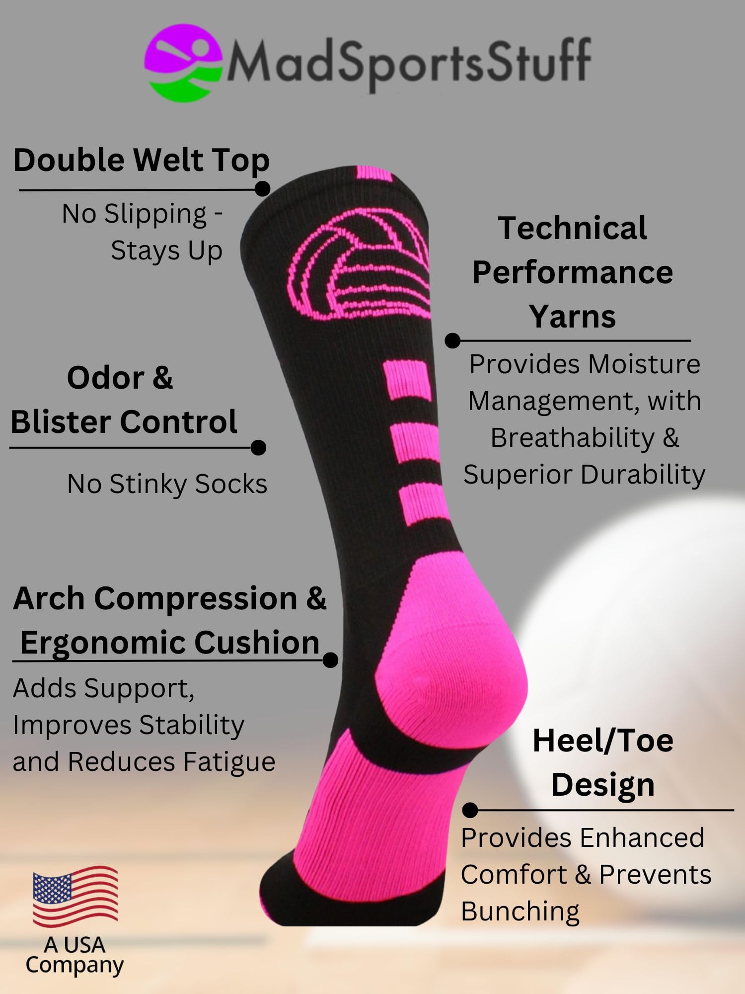 MadSportsStuff Volleyball Logo Crew Socks (Black/Neon Pink, Small)