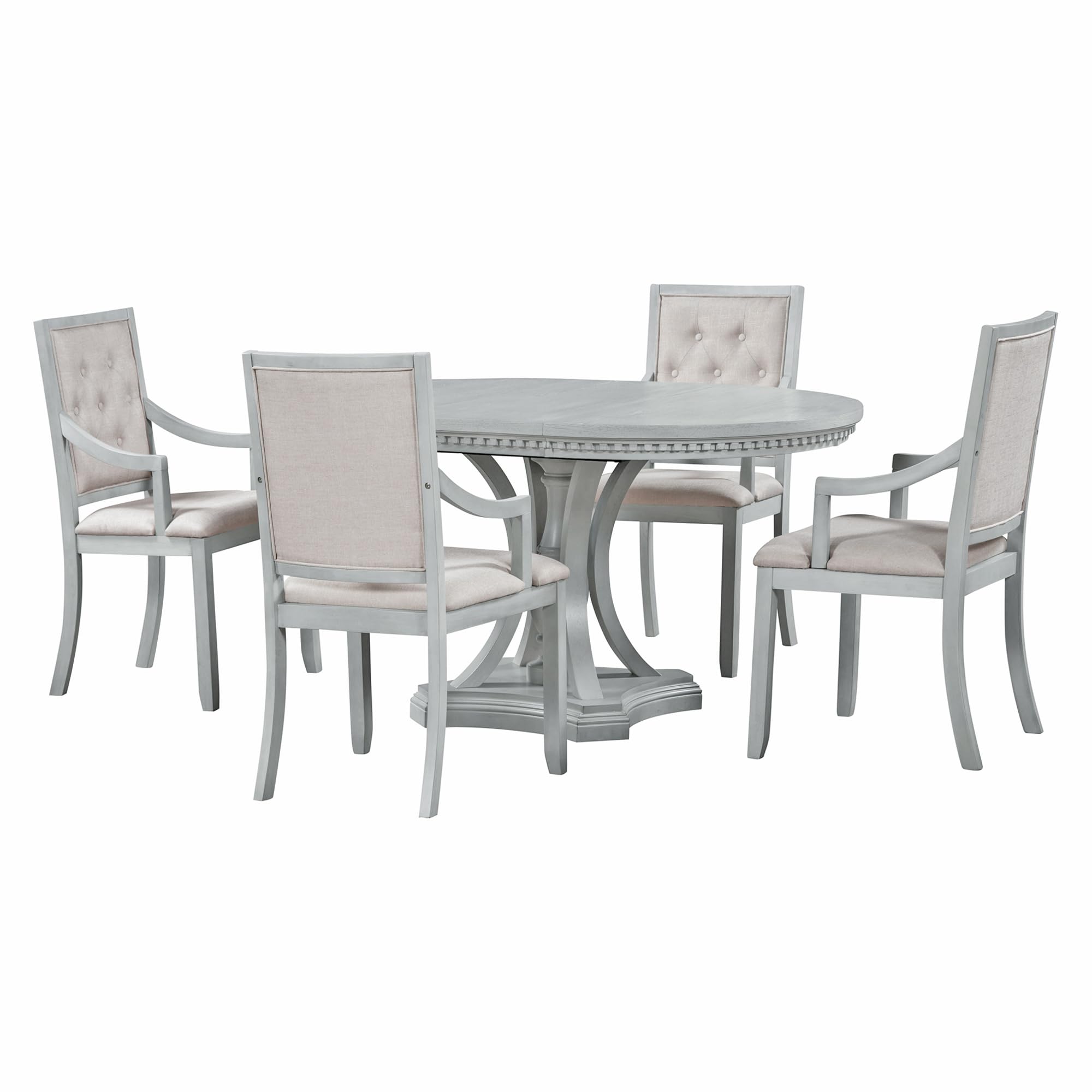POCIYIHOME, Wood Two-Size Round to Oval Butterfly Leaf, 4 Upholstered Armrest, 4 (Antique Grey Oak), 5-Piece Extendable Dining Table/Chairs Set