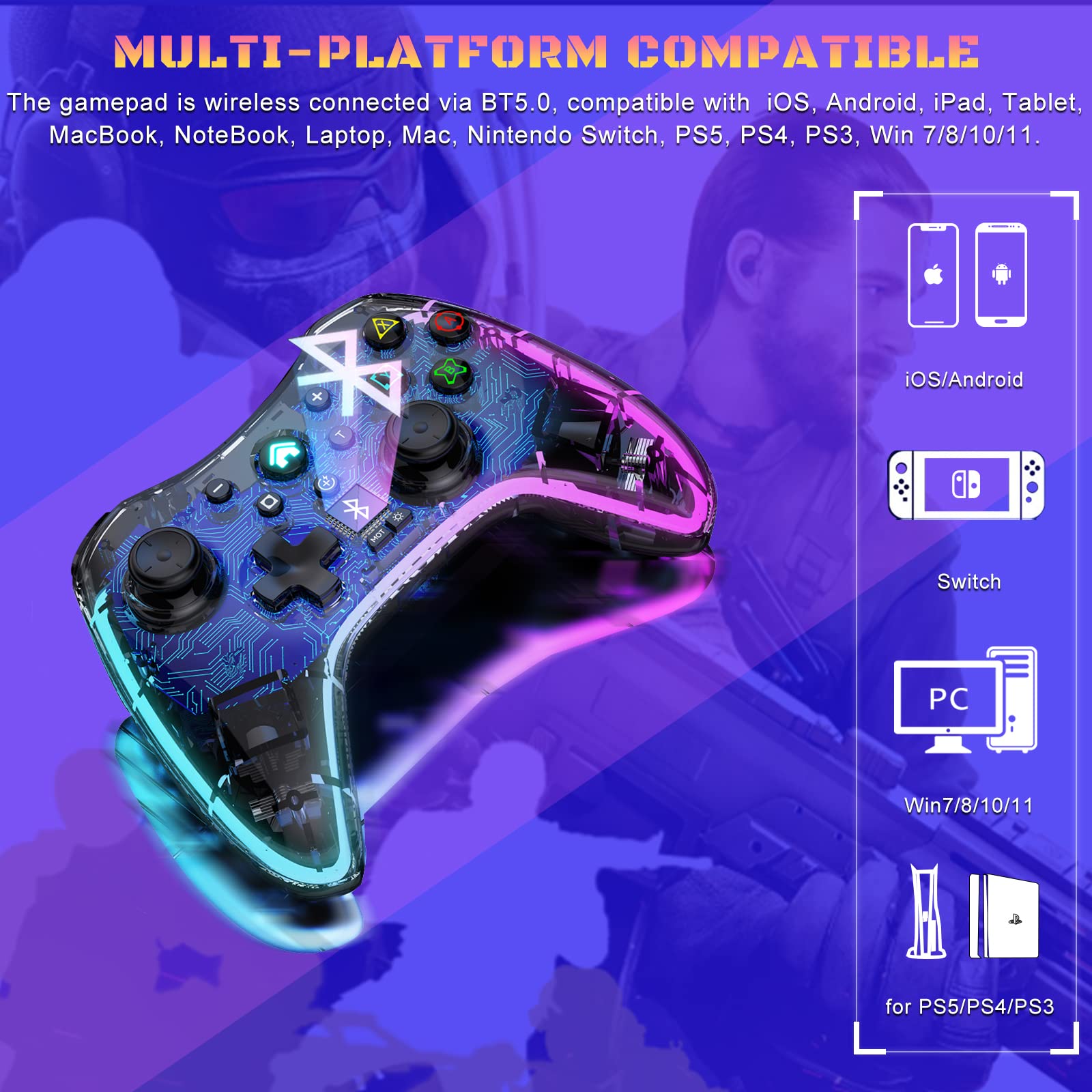 Megadream Wireless Game Controller Transparent Gamepad for iOS Android PC NS Switch PS5 PS4 PS3 Steam Deck: Works with iPhone 14/13/12/11/X, iPad, Samsung, Apex Legends, Call of Duty - Programmable/Turbo/LED Light - Black