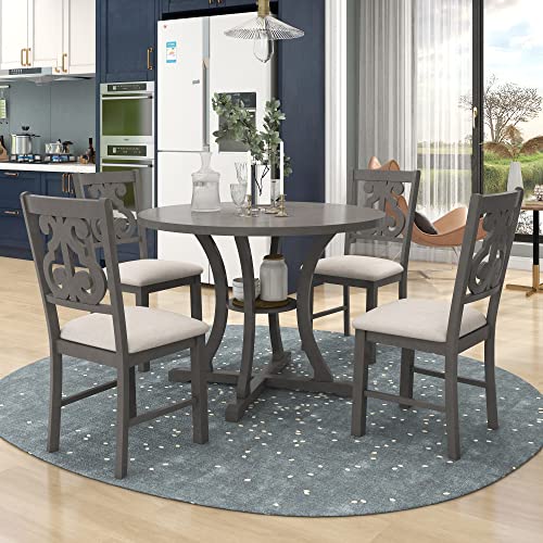 UBGO 5 Piece Chair, Vintage Style Home Furniture 42" Round Table and Beautifully Designed Cutout Back for Kitchen Room, 4-Seater Dining Set, (Grey) s