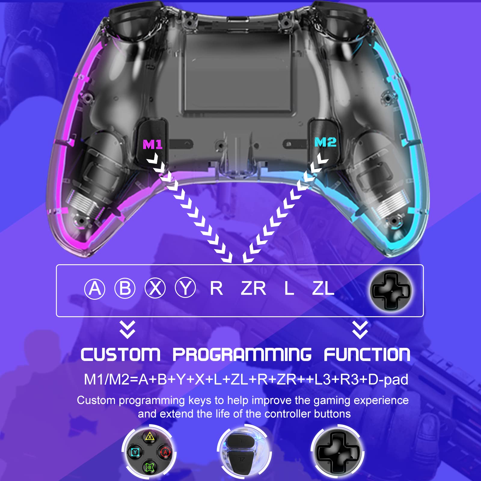 Megadream Wireless Game Controller Transparent Gamepad for iOS Android PC NS Switch PS5 PS4 PS3 Steam Deck: Works with iPhone 14/13/12/11/X, iPad, Samsung, Apex Legends, Call of Duty - Programmable/Turbo/LED Light - Black