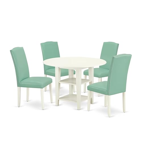 East West Furniture SUEN5-LWH-57 5 Piece Dining Room Table Set Includes a Round Dining Table with Dropleaf & Shelves and 4 Pond Faux Leather Upholstered Chairs, 42x42 Inch, Linen White