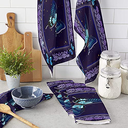 Big buy store Kitchen Towels Butterfly Dish Towels and Dishcloths Sets Decorative Tea Towel Purple Starry Sky Starlight Absorbent Hand Towels for Kitchen Drying Bathroom Decor Gift 18x28 Inch