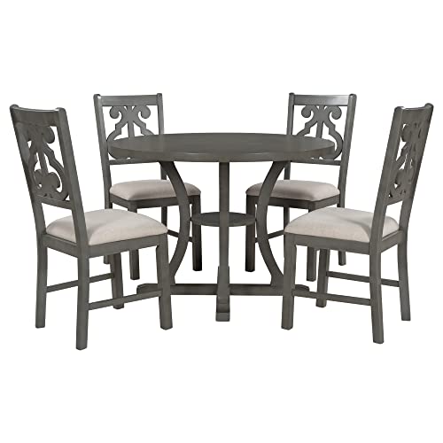 UBGO 5 Piece Chair, Vintage Style Home Furniture 42" Round Table and Beautifully Designed Cutout Back for Kitchen Room, 4-Seater Dining Set, (Grey) s