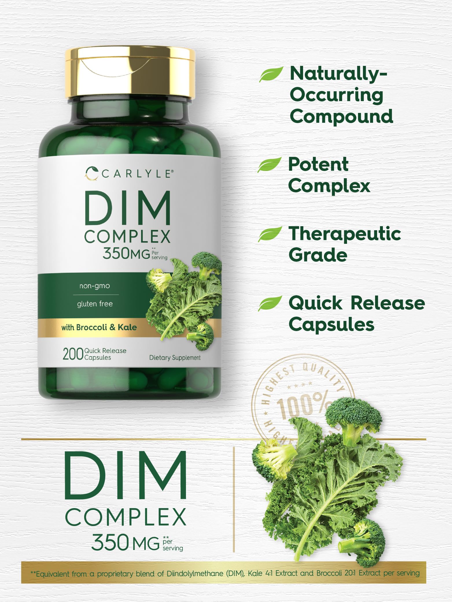 Carlyle DIM Supplement for Women & Men | 350mg | 200 Count | Vegetarian, Non-GMO & Gluten Free Complex