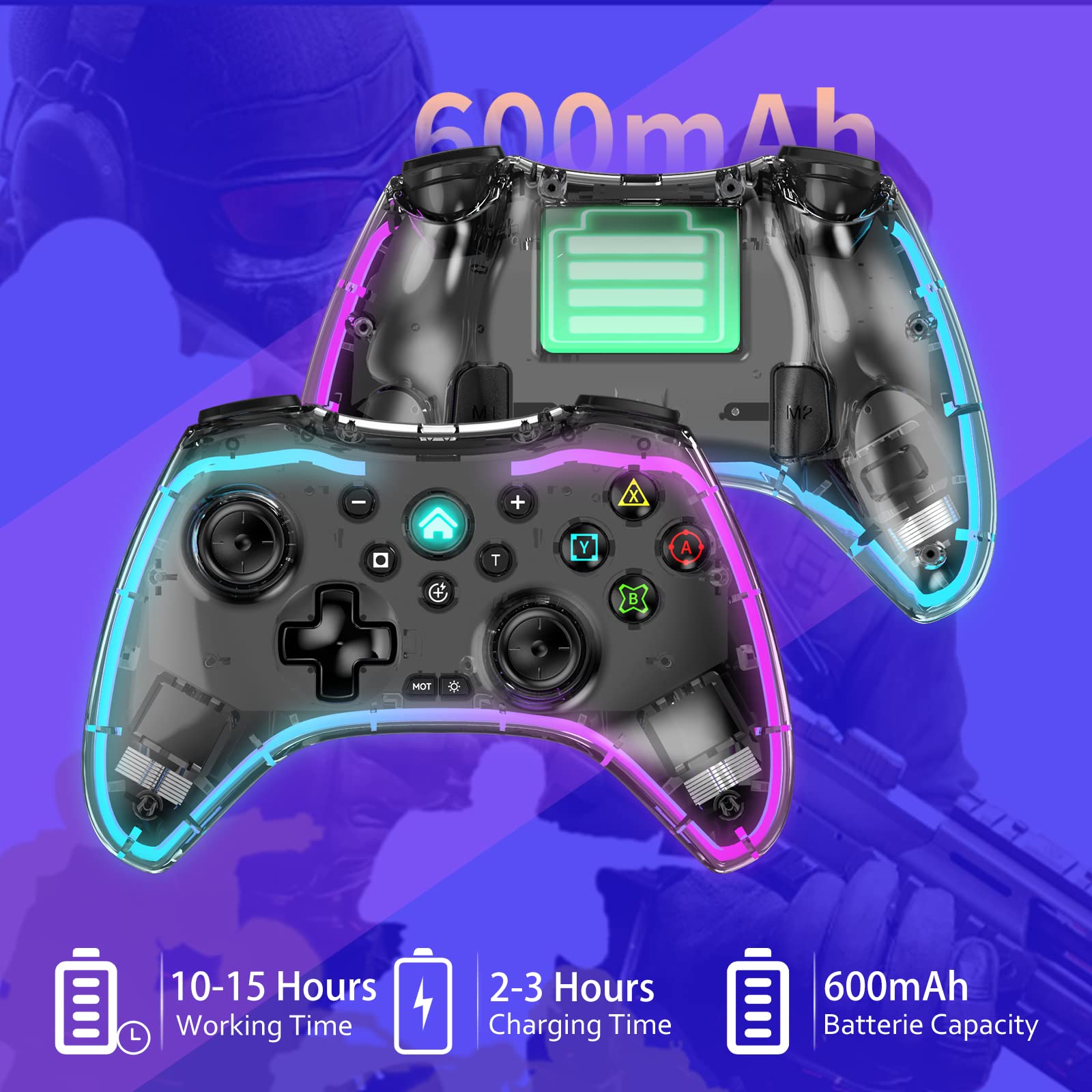Megadream Wireless Game Controller Transparent Gamepad for iOS Android PC NS Switch PS5 PS4 PS3 Steam Deck: Works with iPhone 14/13/12/11/X, iPad, Samsung, Apex Legends, Call of Duty - Programmable/Turbo/LED Light - Black