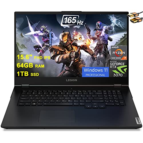 Lenovo Legion 5 15 Gaming Laptop 15.6" FHD IPS 165Hz (300 nits, 100% sRGB) AMD 8-Core Ryzen 7 5800H (Beats i7-10870H) 64GB RAM 1TB SSD GeForce RTX 3070 8GB Graphic Backlit USB-C Win11Pro + HDMI Cable
