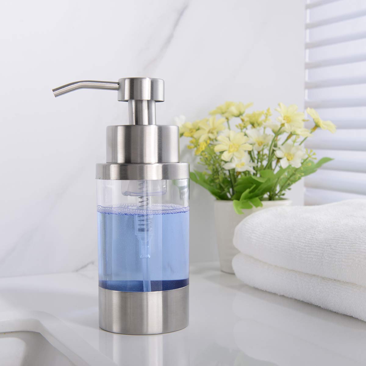 Delle Rosa Soap Dispenser, Foaming Soap Dispenser, Clear Bottle for Bathroom Vanities or Kitchen, Stainless Steel Pump Head, Countertops Soap Dispenser Brushed Nickel, 250ml/8oz