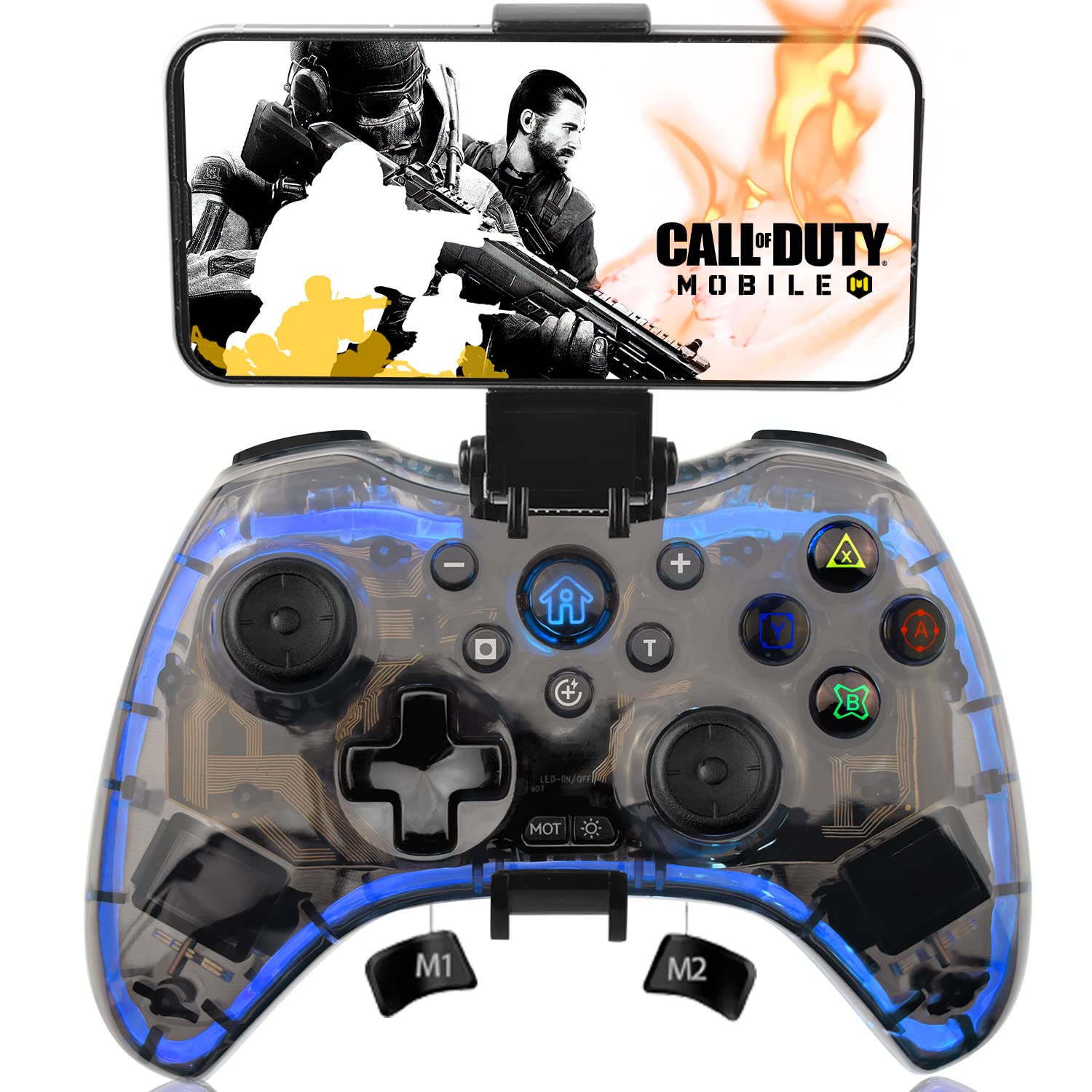 Megadream Wireless Game Controller Transparent Gamepad for iOS Android PC NS Switch PS5 PS4 PS3 Steam Deck: Works with iPhone 14/13/12/11/X, iPad, Samsung, Apex Legends, Call of Duty - Programmable/Turbo/LED Light - Black