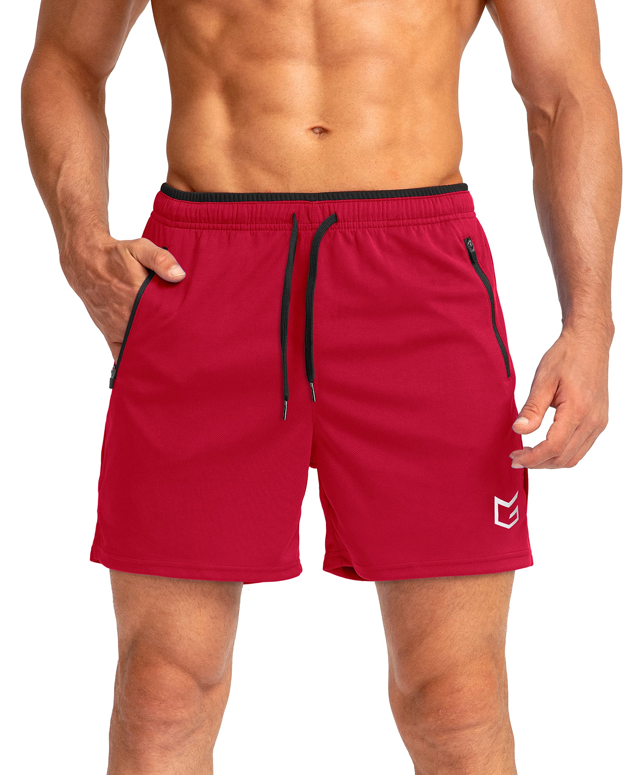 Men's Running Shorts with Zipper Pockets Quick Dry Gym Athletic Workout 5" Shorts for Men (red, Medium)