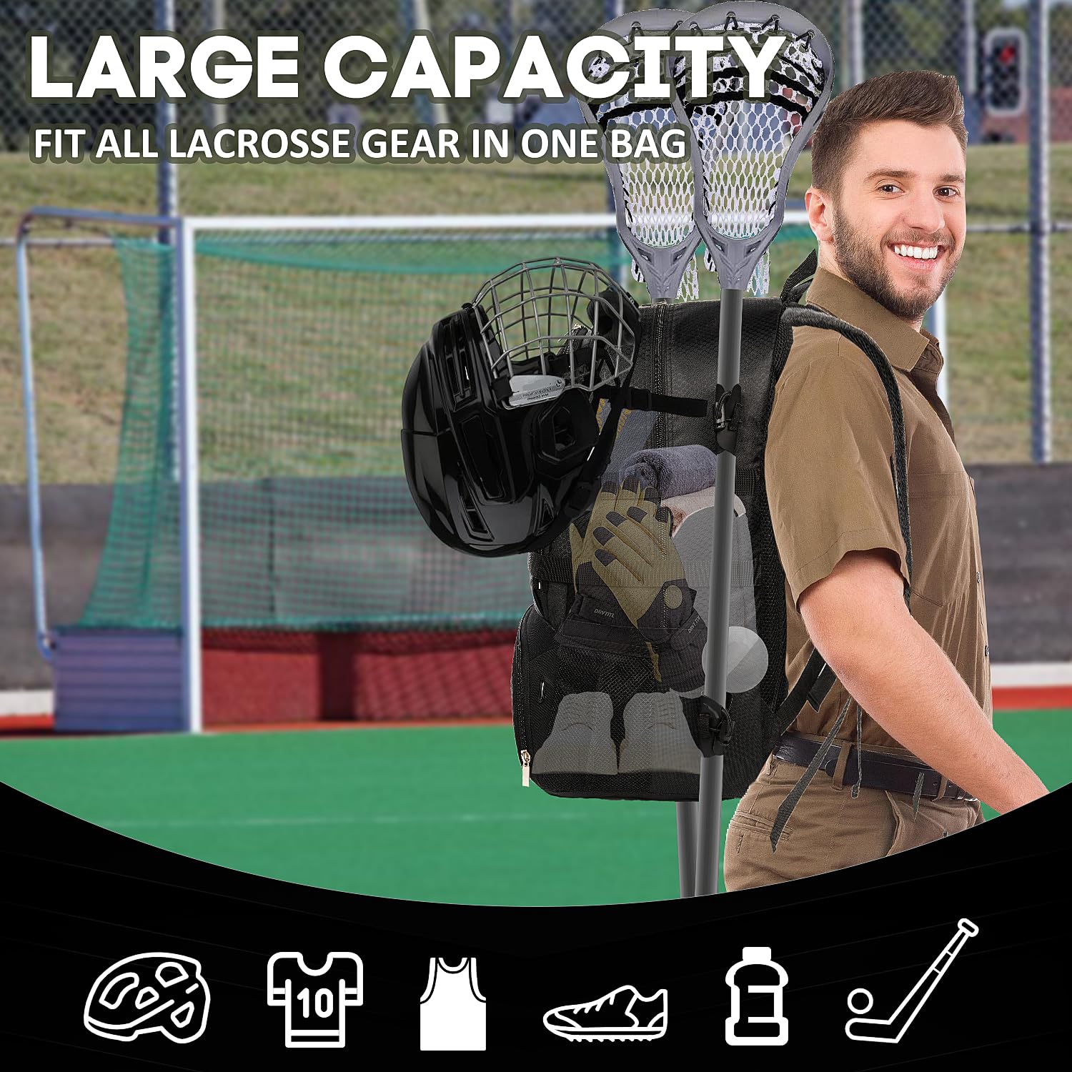 MARITTON Lacrosse Bag Backpack – Lacrosse Backpack Holds All Lacrosse or Field Hockey Equipment - Two Stick Holders and Separate Cleats Shoe Compartment. (BLK)