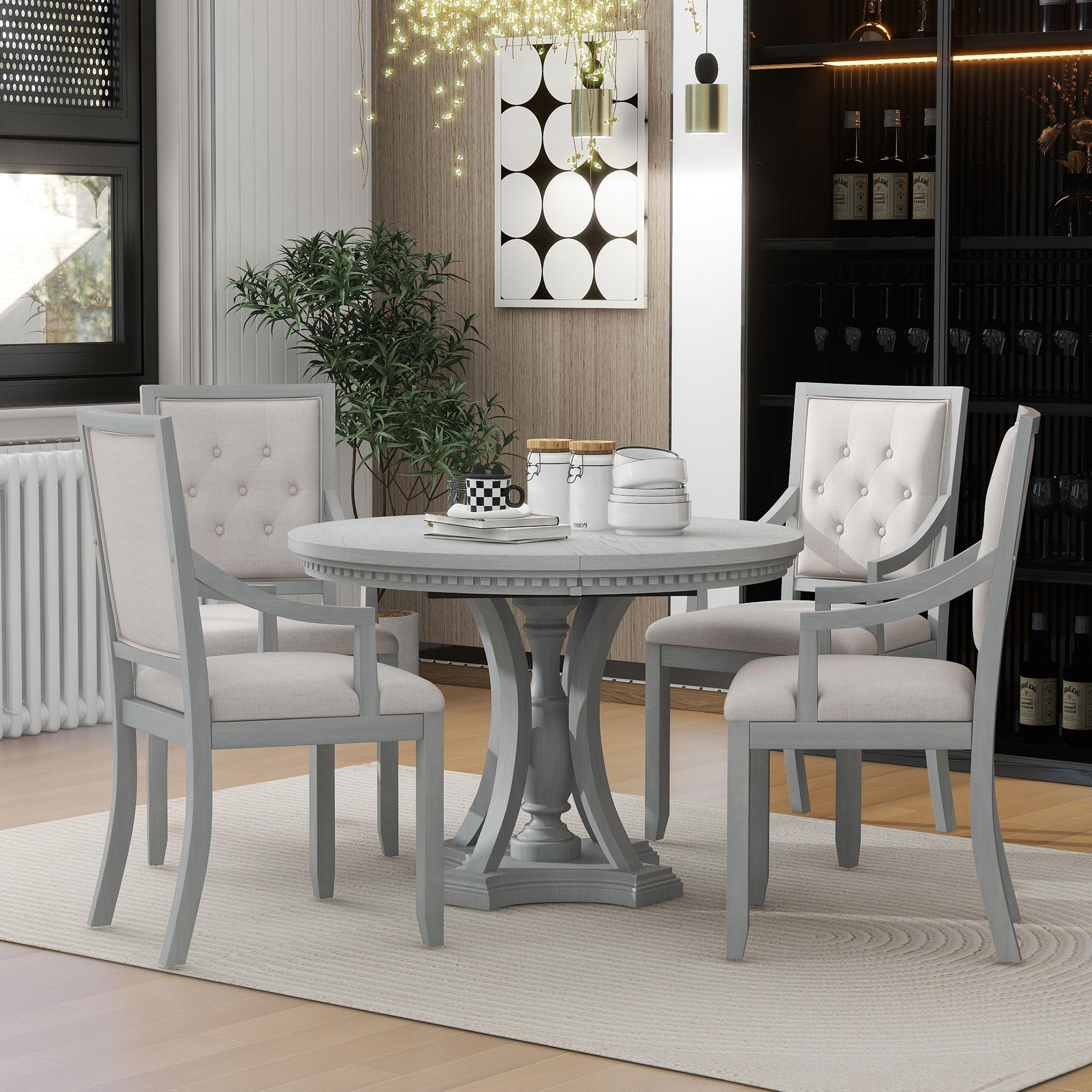 POCIYIHOME, Wood Two-Size Round to Oval Butterfly Leaf, 4 Upholstered Armrest, 4 (Antique Grey Oak), 5-Piece Extendable Dining Table/Chairs Set