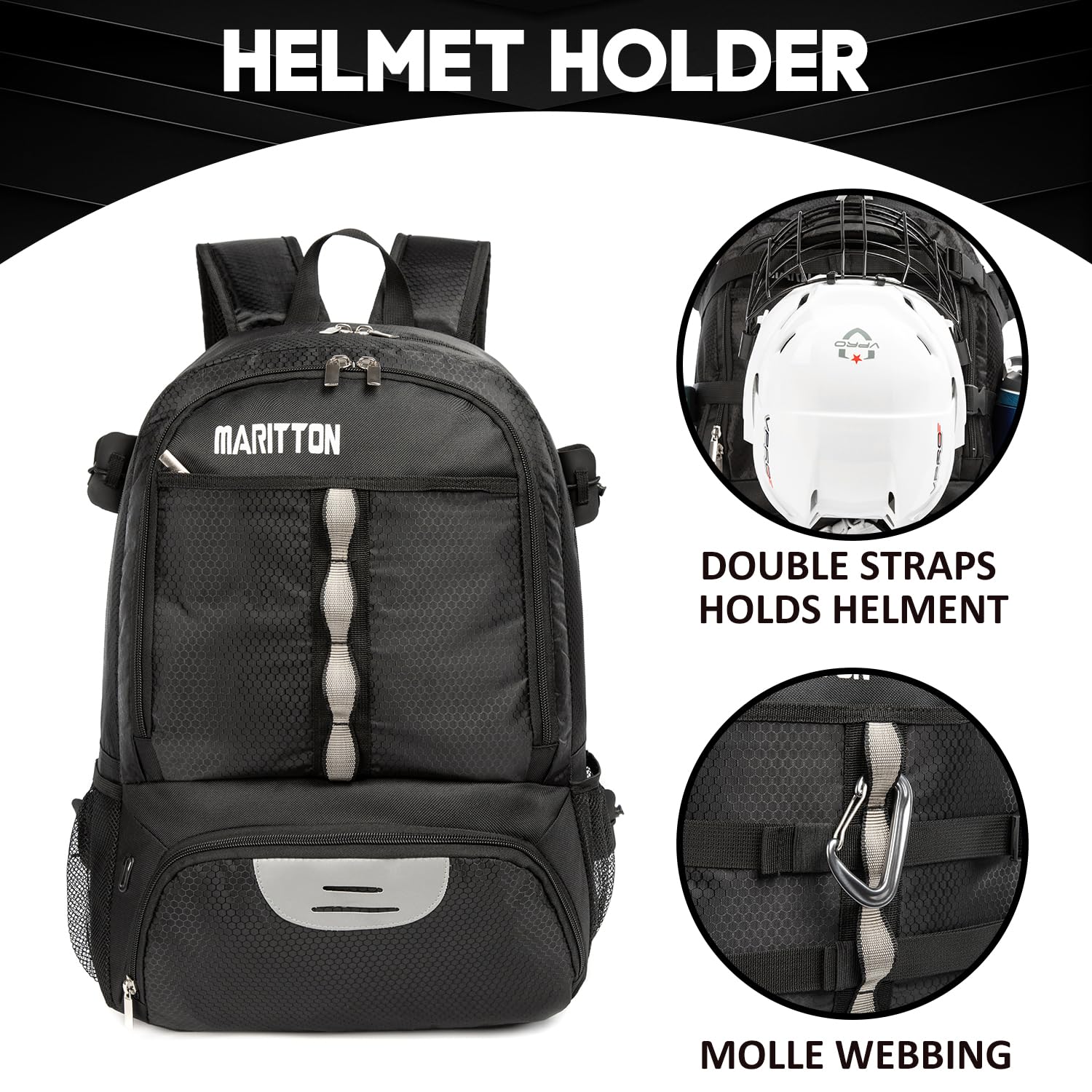 MARITTON Lacrosse Bag Backpack – Lacrosse Backpack Holds All Lacrosse or Field Hockey Equipment - Two Stick Holders and Separate Cleats Shoe Compartment. (BLK)
