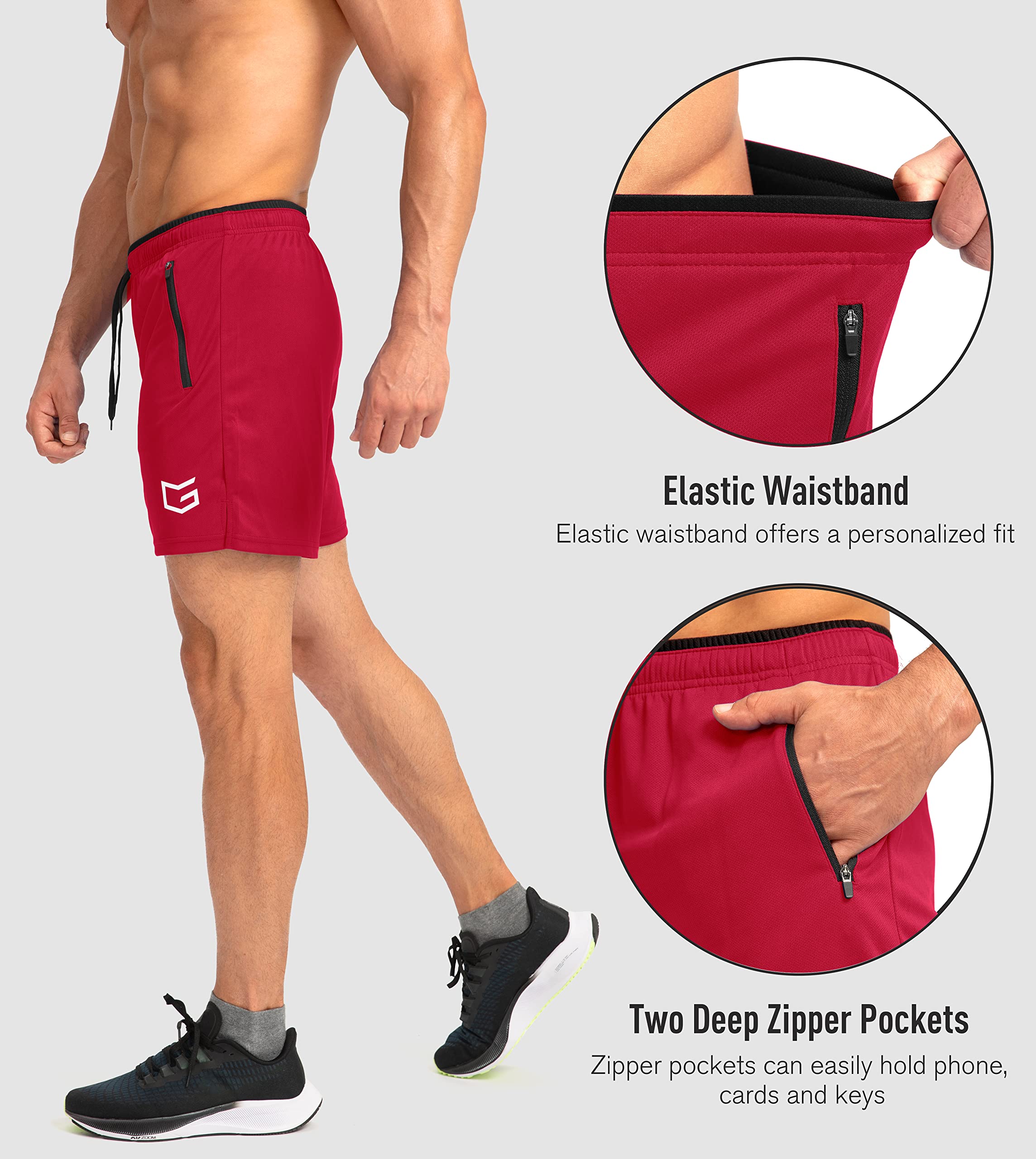 Men's Running Shorts with Zipper Pockets Quick Dry Gym Athletic Workout 5" Shorts for Men (red, Medium)