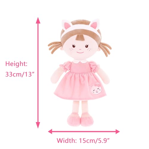 Onetoo First Baby Doll Cuddle Buddy Doll Soft Baby Doll Baby Dolls Plush Rag Doll Wear Kitty Costume PinkDress 14"(Milly Series)