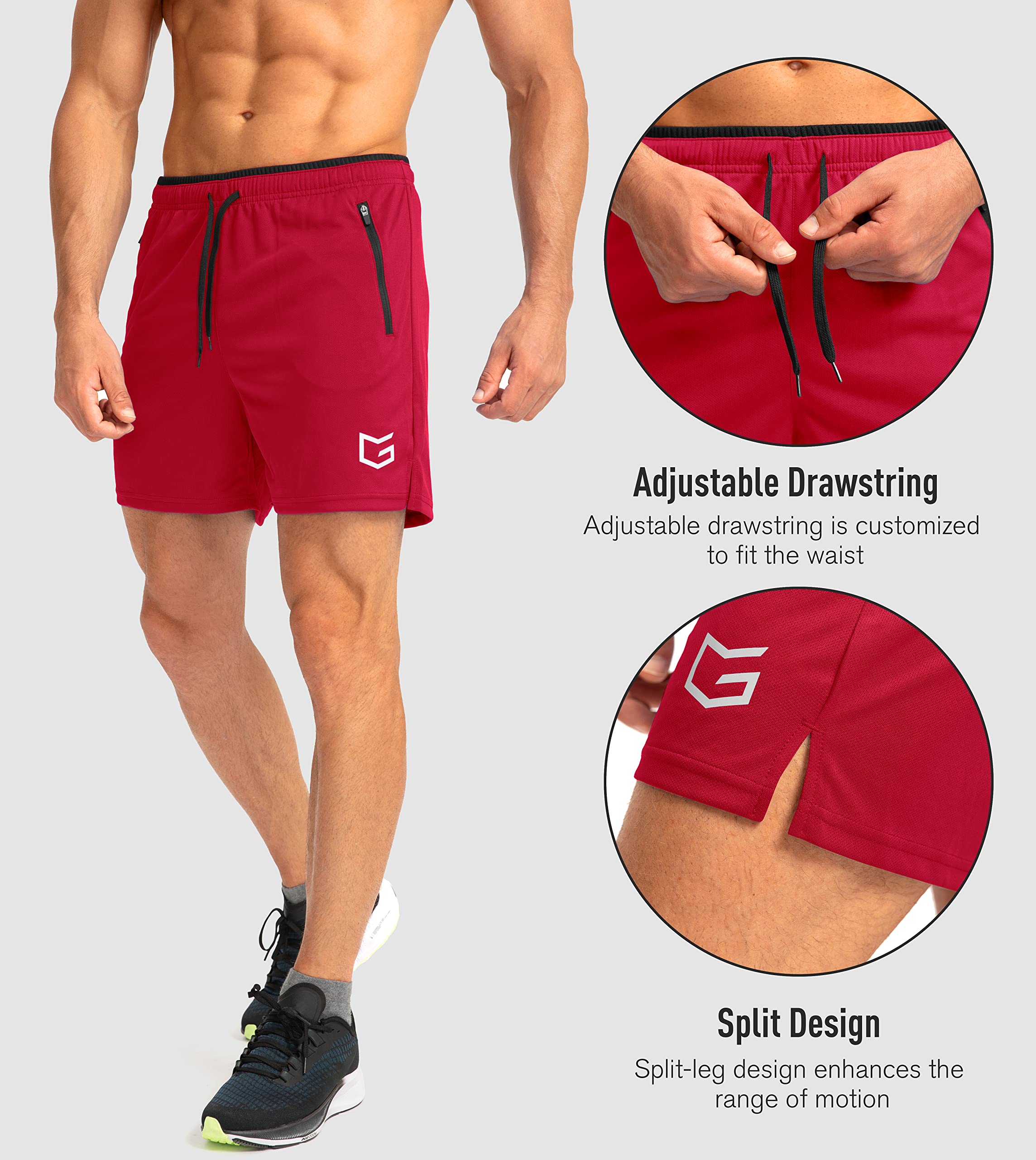 Men's Running Shorts with Zipper Pockets Quick Dry Gym Athletic Workout 5" Shorts for Men (red, Medium)