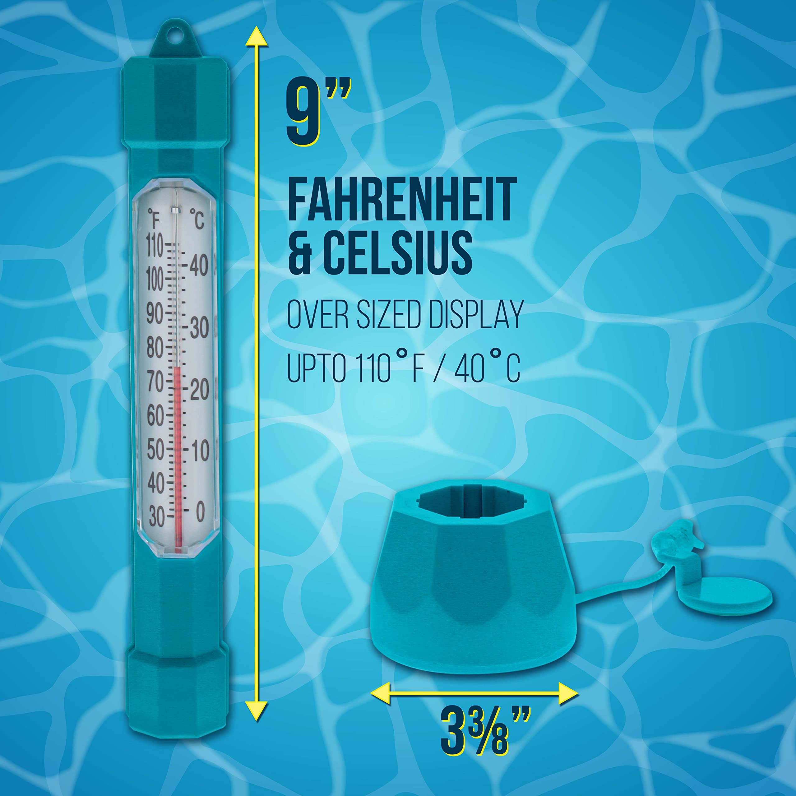 U.S. Pool Supply Floating Buoy Pool Thermometer with Jumbo Easy-to-Read Temperature Display, Teal Blue, Tether String - Measures Water Up to 110° F & 40° C - Swimming Pools, Spas, Hot Tubs, Ponds