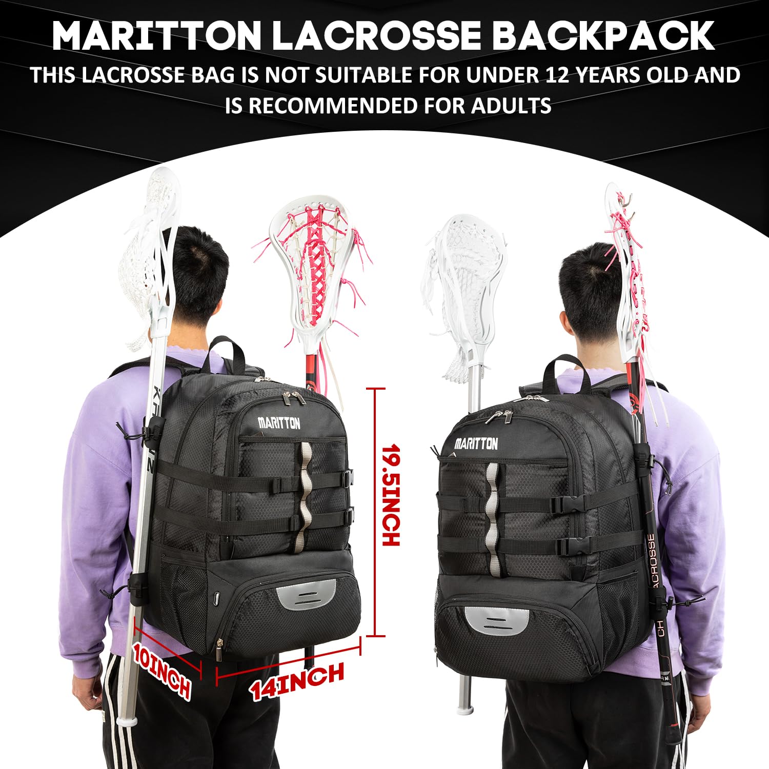 MARITTON Lacrosse Bag Backpack – Lacrosse Backpack Holds All Lacrosse or Field Hockey Equipment - Two Stick Holders and Separate Cleats Shoe Compartment. (BLK)
