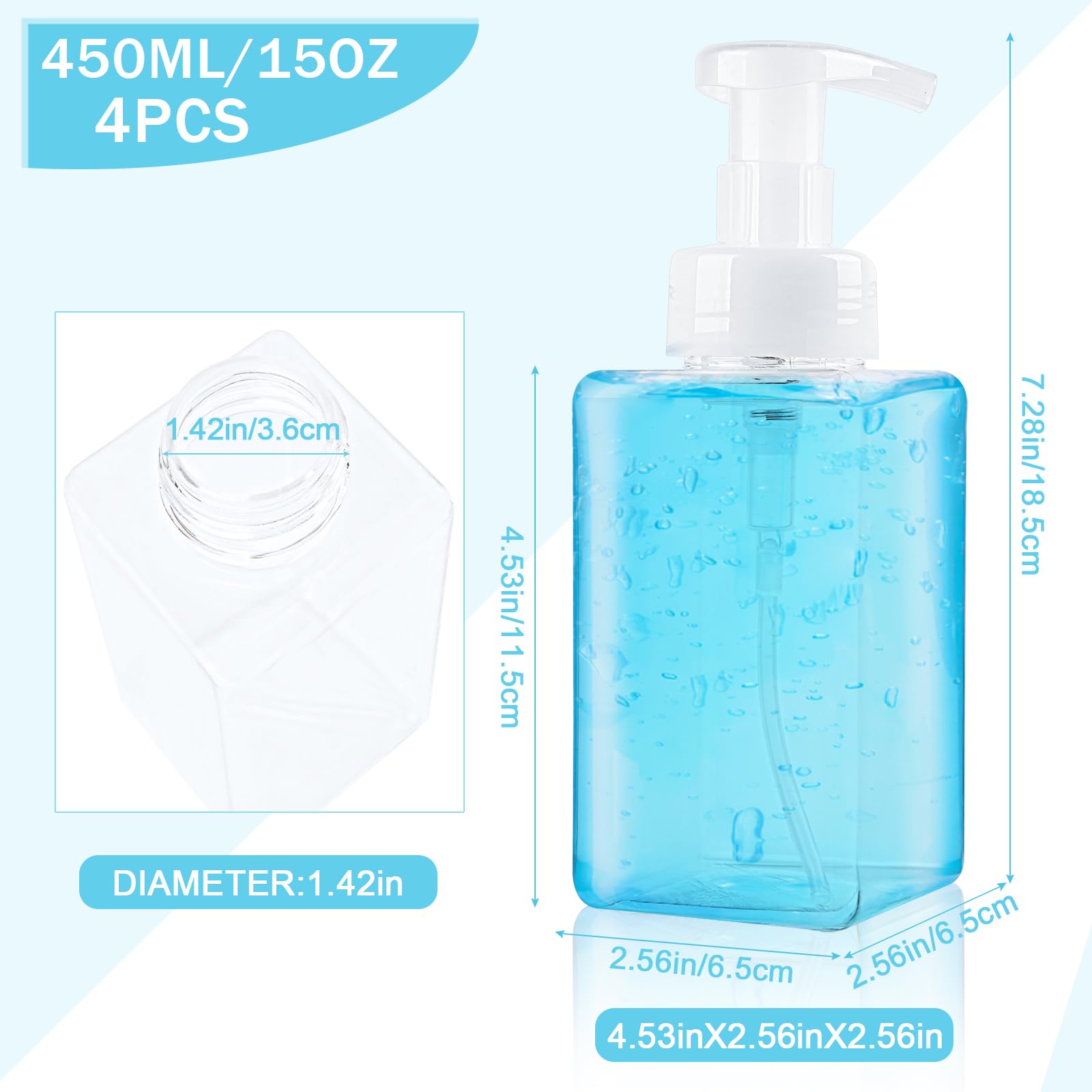 Foaming Soap Dispenser 15oz/450ml Clear Empty Foam Soap Dispenser, Square Refillable Plastic Foaming Hand Soap Dispenser Soap Pump for Liquid Soap, Shampoo, Body Wash(4 Pack)