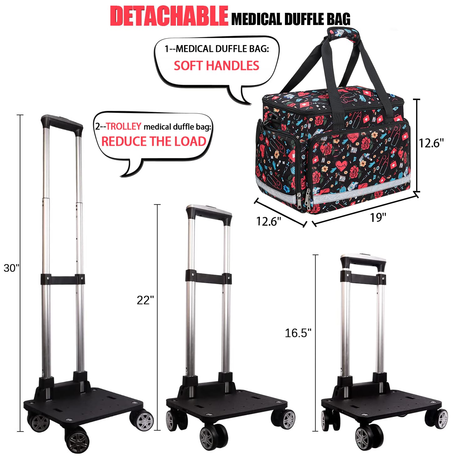 Medical Bag Rolling Roller Bag Trolley Duffel Nurses EMT CNA RN Empty for First Aid Responder Home Health Care Nursing Student Roll Duffle Bag Carry on Wheels Wheeled Work Physicians Doctor