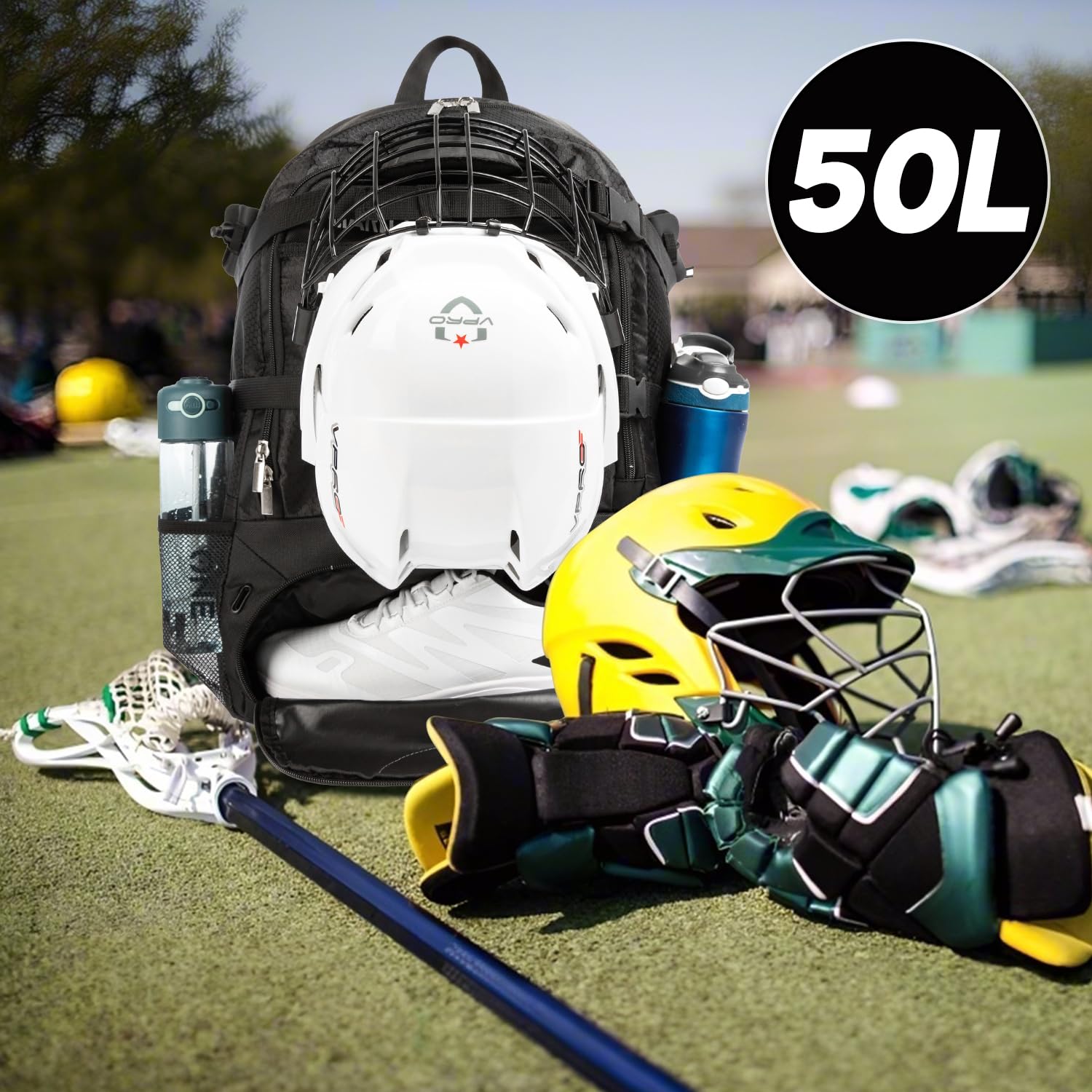 MARITTON Lacrosse Bag Backpack – Lacrosse Backpack Holds All Lacrosse or Field Hockey Equipment - Two Stick Holders and Separate Cleats Shoe Compartment. (BLK)